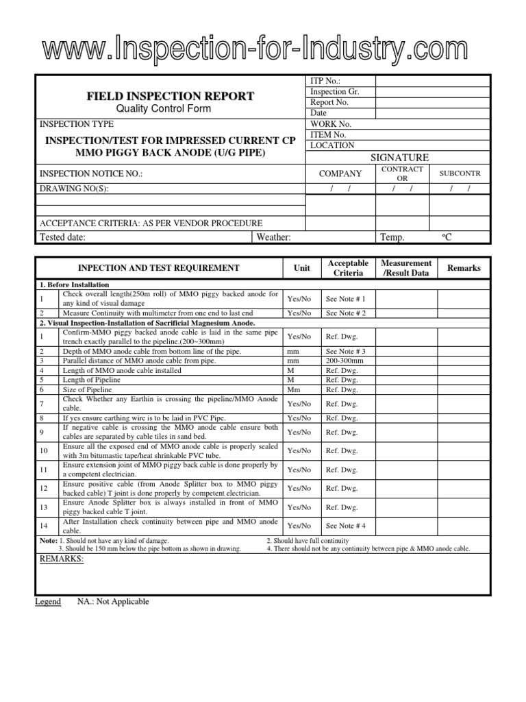 Impressed Current CP Quality Control and Inspection Report Form ...