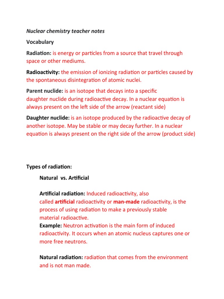 Vocabulary Radiation:: Nuclear Chemistry Teacher Notes | PDF