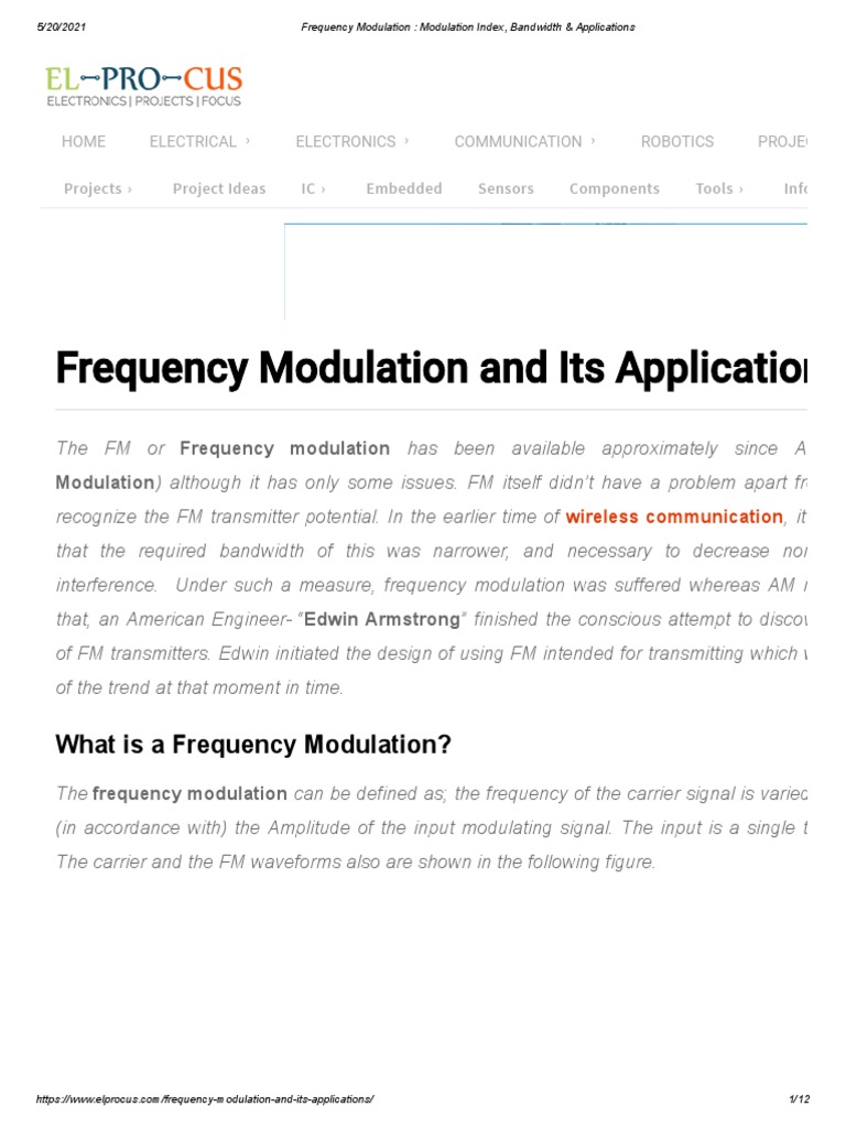 Frequency Modulation - Modulation Index, Bandwidth & Applications | PDF