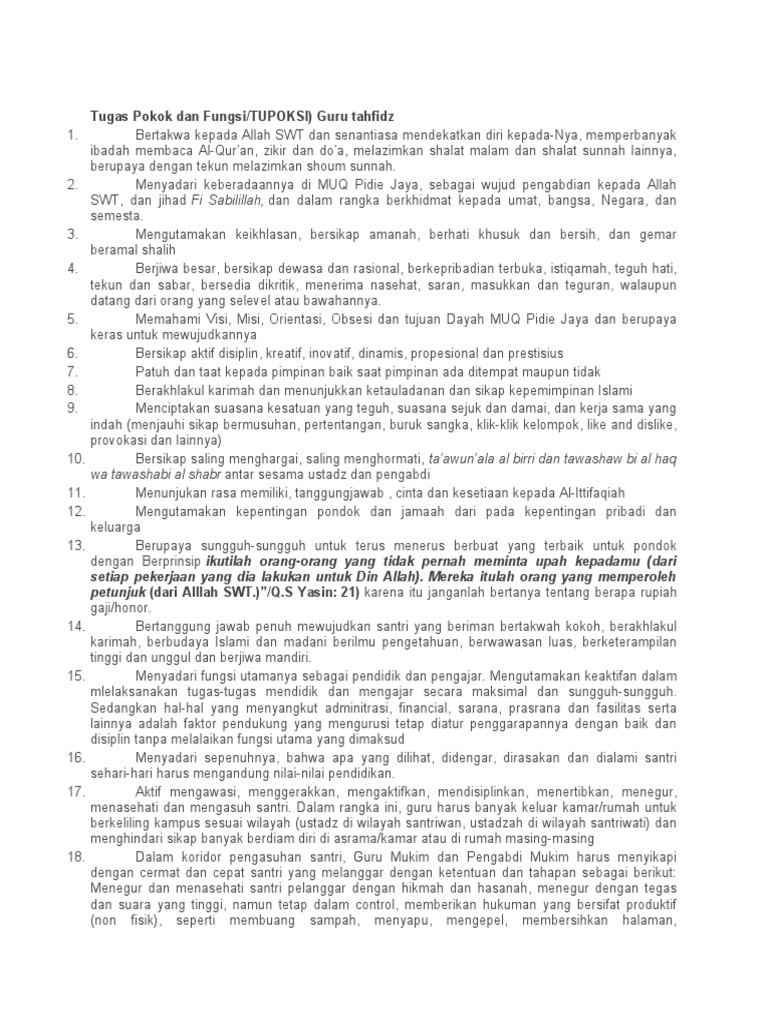 Contoh Tupoksi Guru Tahfidz | PDF