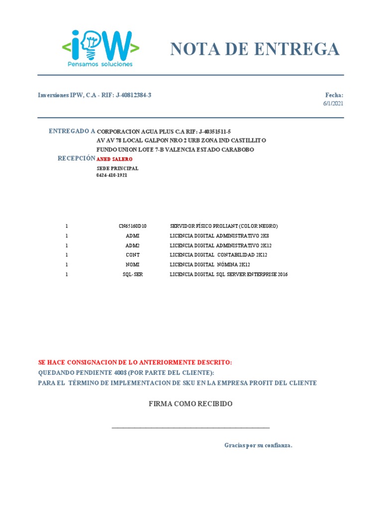 Nota de Entrega | PDF