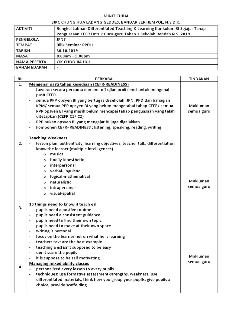Minit Curai Bengkel Differentiation2019 | PDF | Lesson Plan | Change