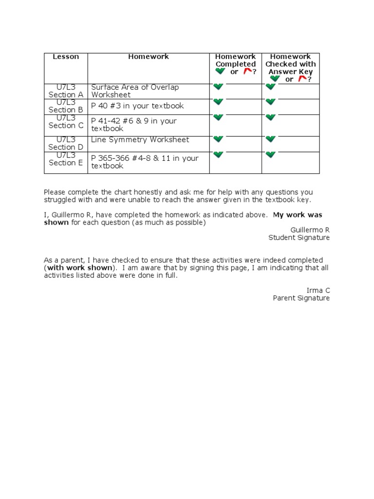 Lesson Homework Homework Completed or ? Homework Checked With Answer ...