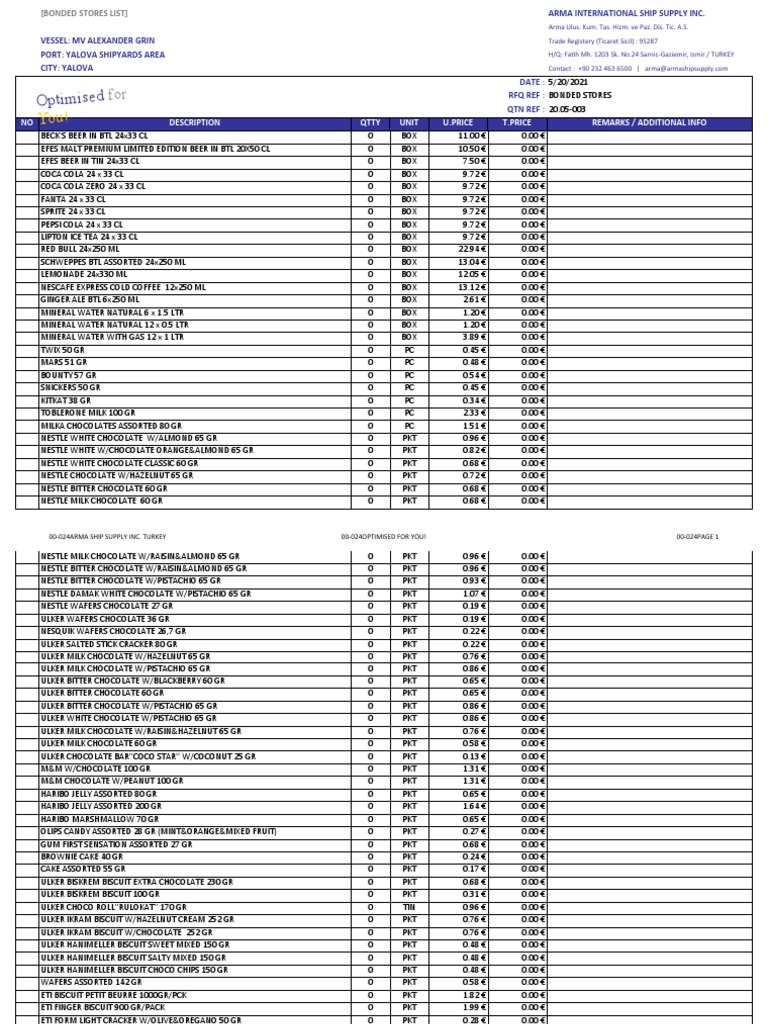 Bonded Stores List - Arma Ship Supply | PDF | Biscuit | Shaving