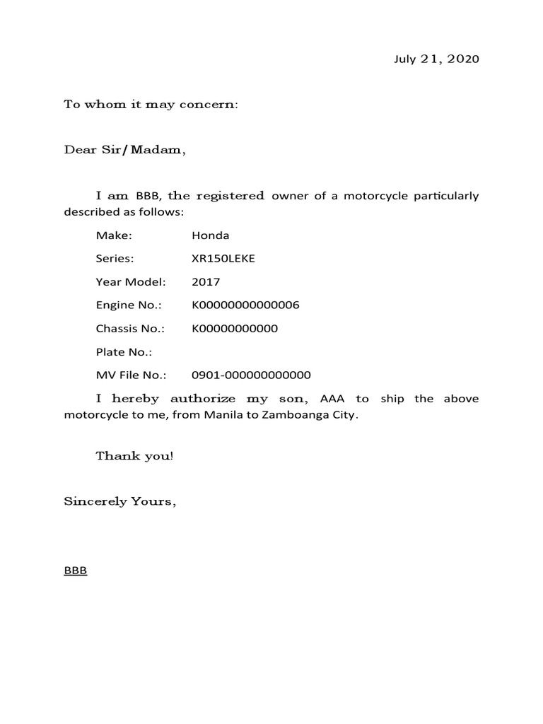 Authorization To Ship Motorcycle - BBB | PDF
