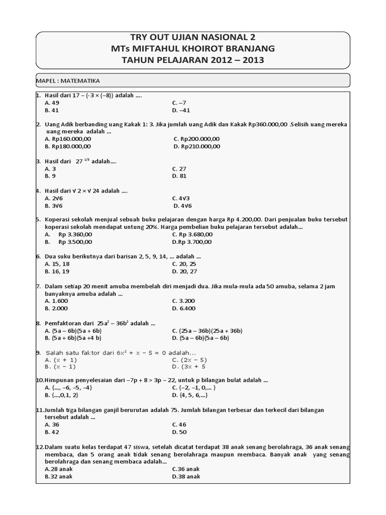 Soal Try Out Matematika | PDF
