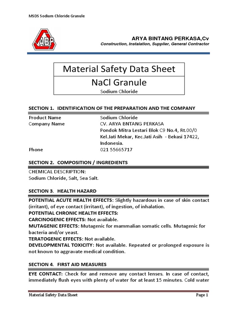 MSDS NaCl Granule F | PDF | Toxicity | Water