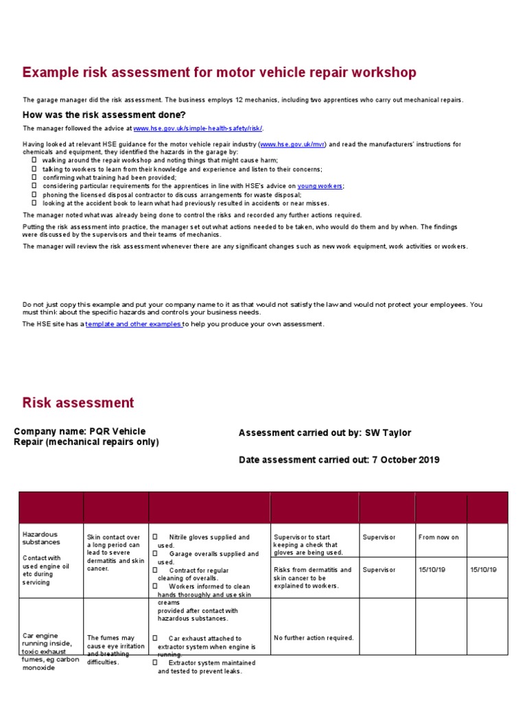 Example Risk Assessment For Motor Vehicle Repair Workshop | PDF | Risk ...