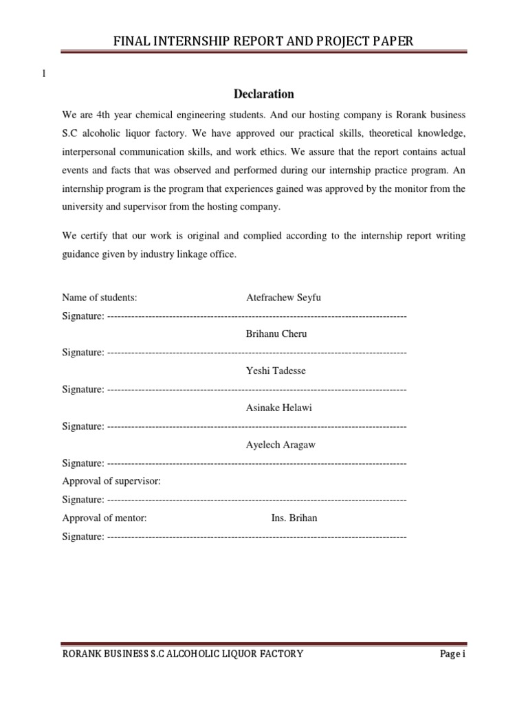 Final Internship Report and Project Paper: Declaration | PDF | Ethanol ...