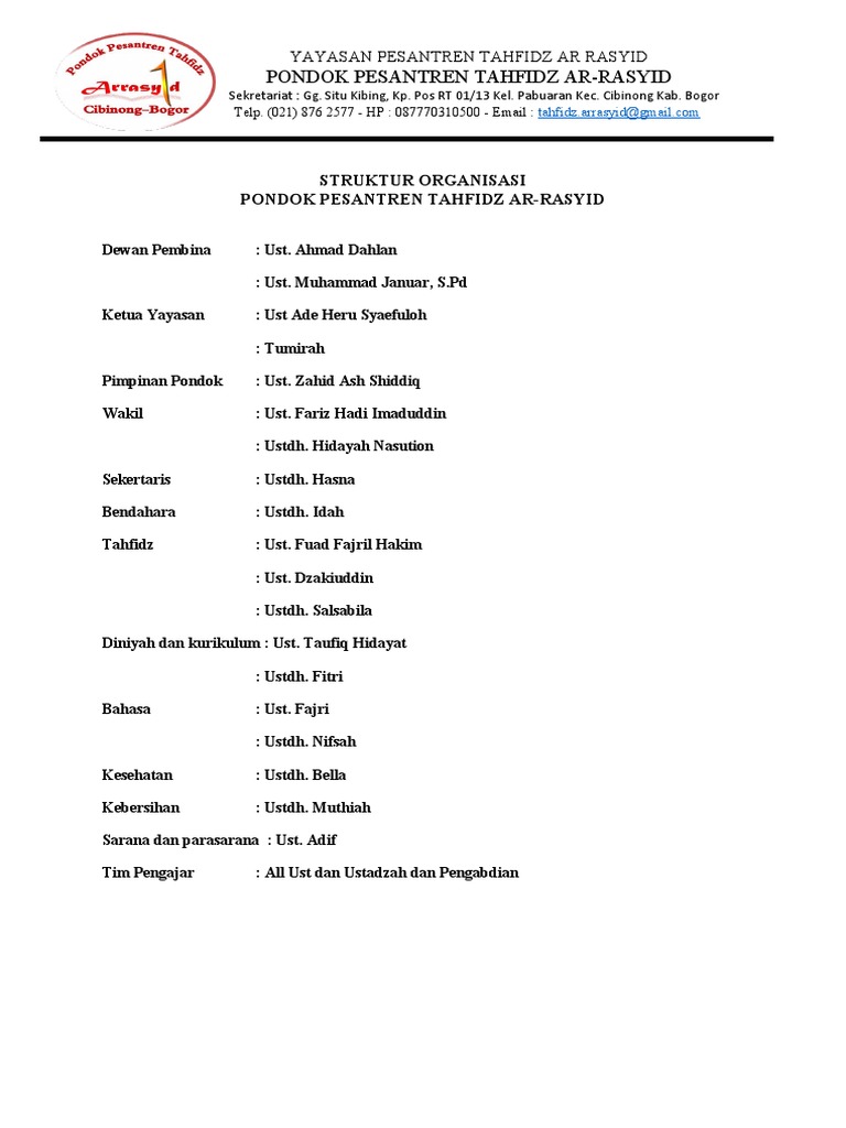 STRUKTUR ORGANISASI PONDOK PESANTREN TAHFIDZ AR-RASYID | PDF