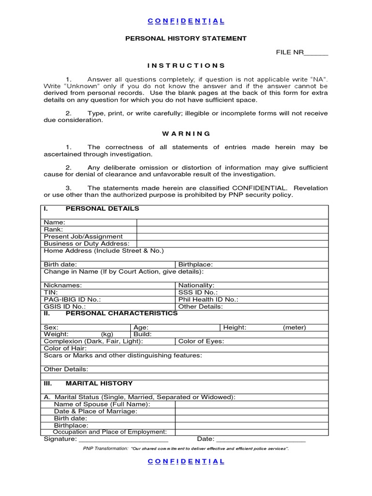Personal History Statement: Confidential | PDF | Marriage | Government