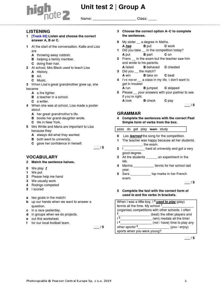 HighNote2 U2 Test A | PDF