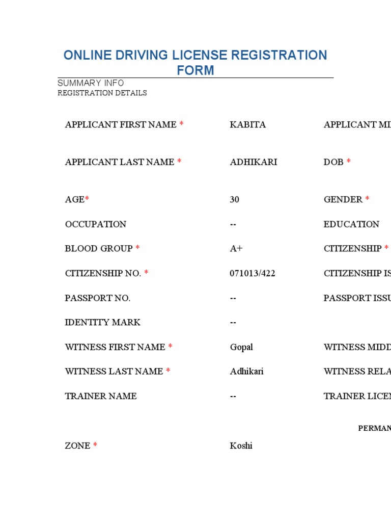 ONLINE DRIVING LICENSE REGISTRATION FORM Nepal | PDF