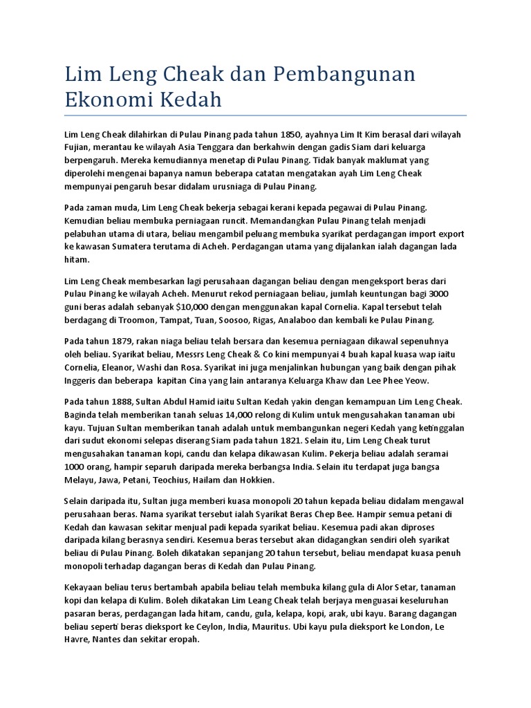 Lim Leng Cheak Dan Pembangunan Ekonomi Kedah | PDF