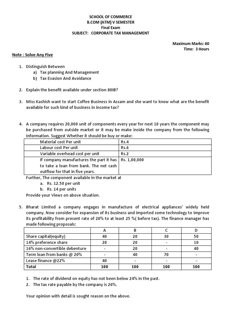 CORPORATE TAX MANAGEMENT Question Paper | PDF | Corporate Tax | Taxes