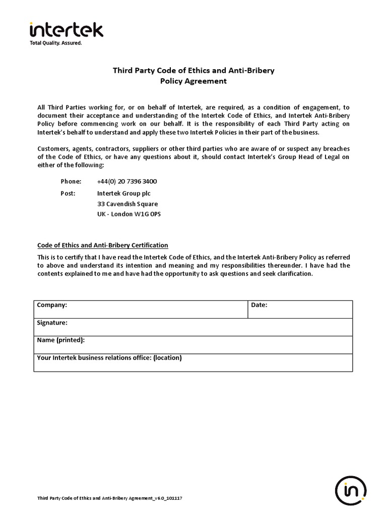 Third Party Code of Ethics and Anti-Bribery Agreement - V2017nov | PDF