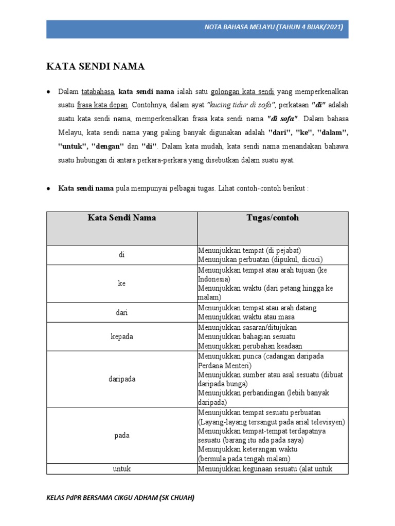 Nota Kata Sendi Nama (4 Bijak) | PDF