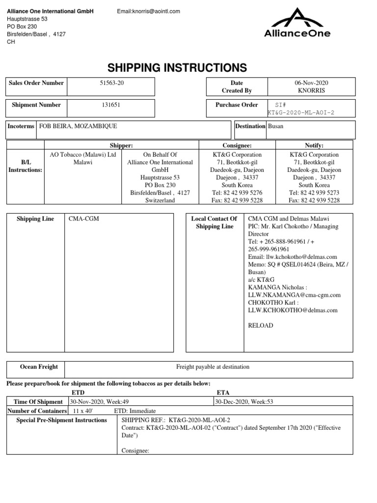 Shipping Instructions: SI# KT&G-2020-ML-AOI-2 | PDF | Business | Nature