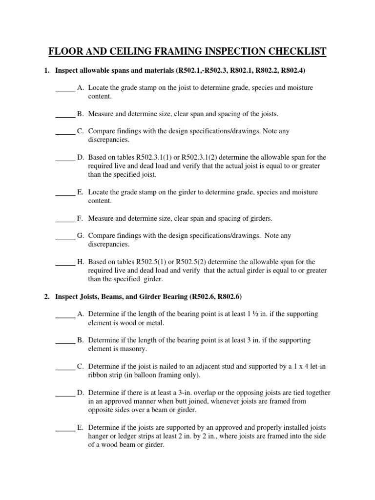Floor Ceiling Checklist | PDF | Framing (Construction) | Building