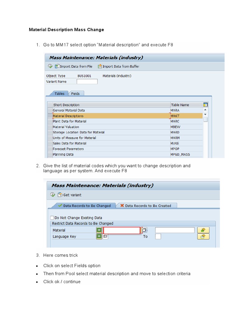 SAP MM - Material Description Mass Change - MM17 | PDF