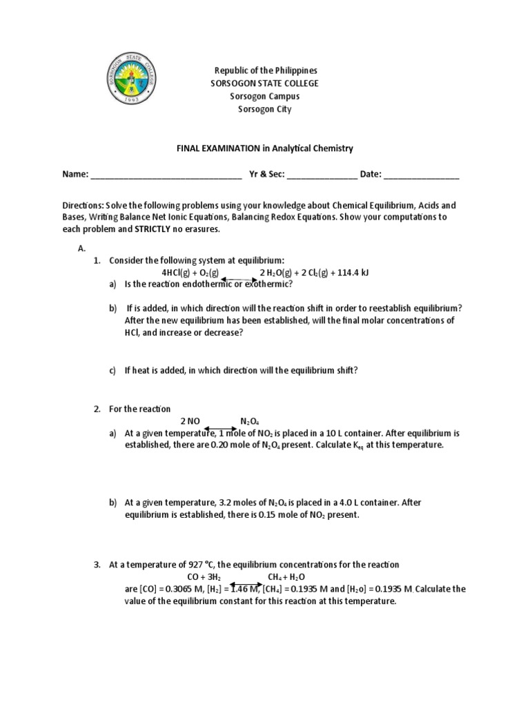 FINAL EXAMINATION in Analytical Chemistry Name: - Yr & Sec: - Date ...