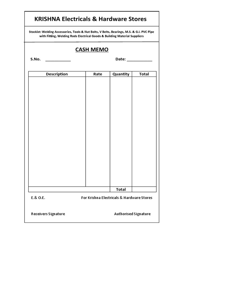 KRISHNA Electricals & Hardware Stores: Cash Memo | PDF