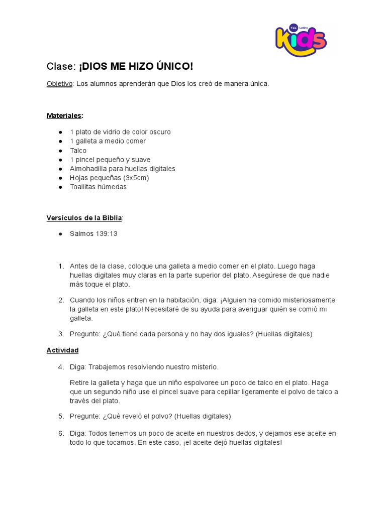 07 - Clase - ¡DIOS ME HIZO ÚNICO! | PDF | Huella dactilar | Textos ...