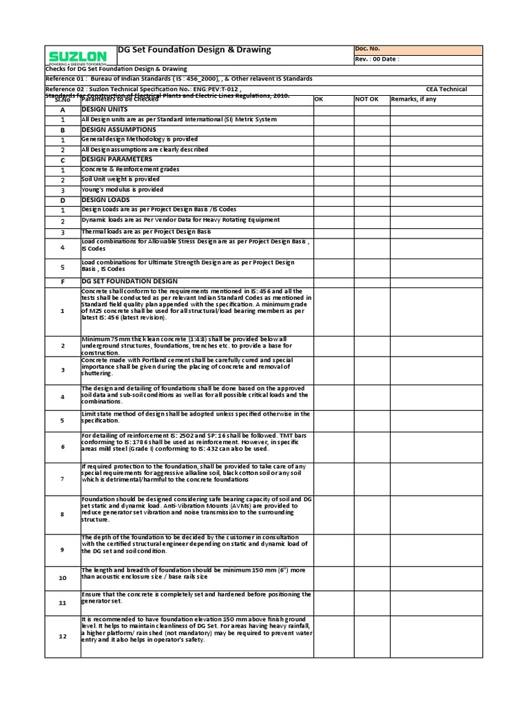 Checklist For DG Set Foundation Design & Drawing | PDF | Foundation ...