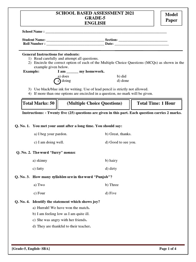 Grade 5 English Exam Paper 2021 | PDF | Multiple Choice | Linguistic ...