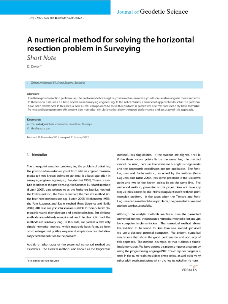 A Numerical Method For Solving The Horizontal Resection Problem in ...