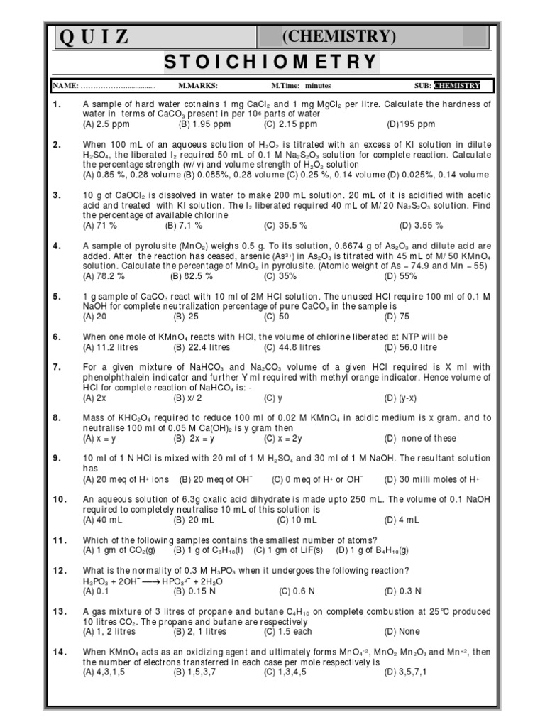 Quiz Stoichiometry | PDF | Chemistry | Physical Sciences