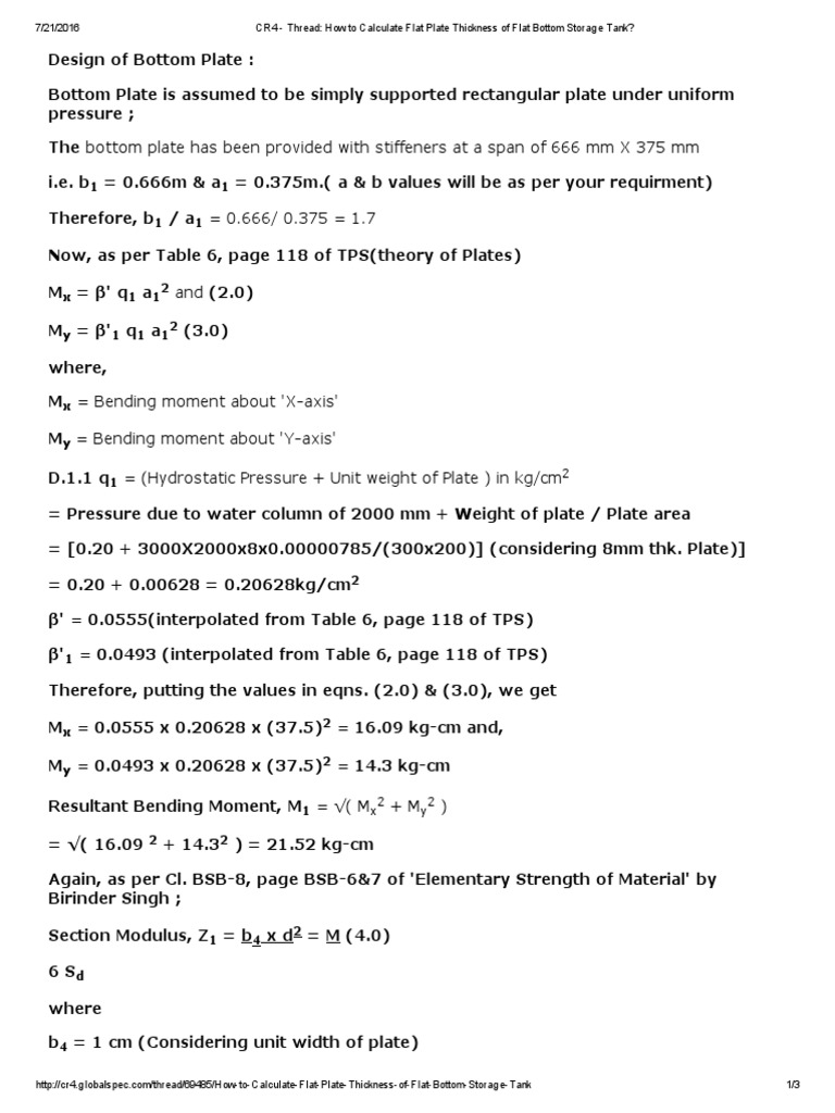 Flat Plate Thickness Calculation for Tanks | PDF | Bending | Physics