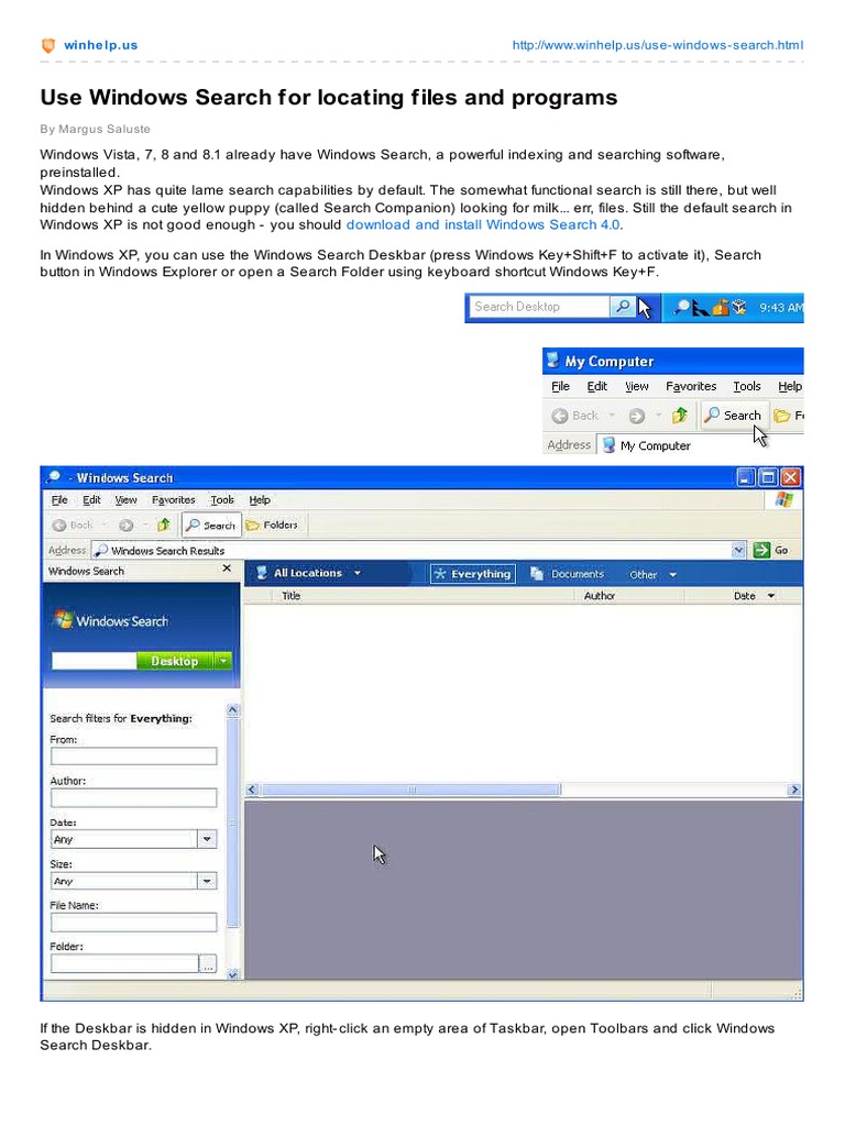 Winhelp Us-Use Windows Search For Locating Files and Programs | PDF | Microsoft Windows ...
