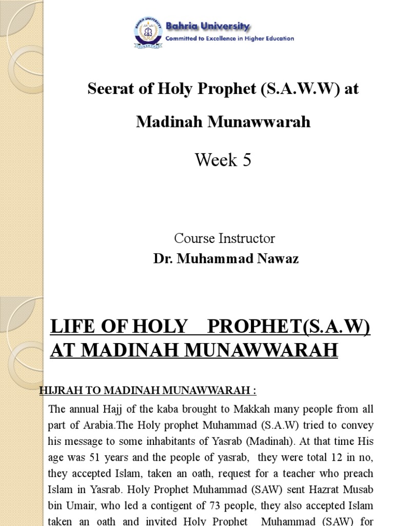Seerat of Holy Prophet (S.A.W.W) at Madinah Munawwarah: Week 5 | PDF ...