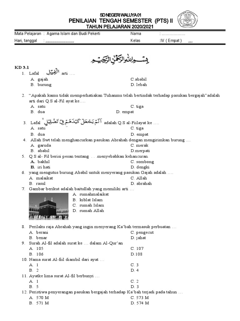 Soal PTS 2 PAI Kelas 4 K13 | PDF