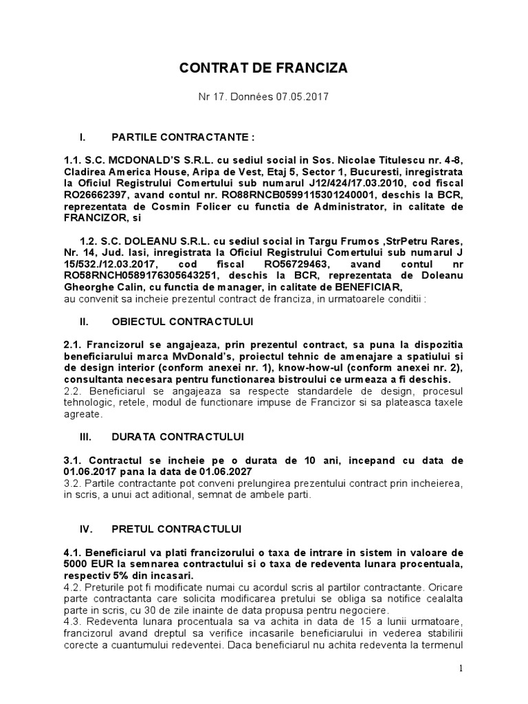 Contract Franciza Mcdonalds | PDF