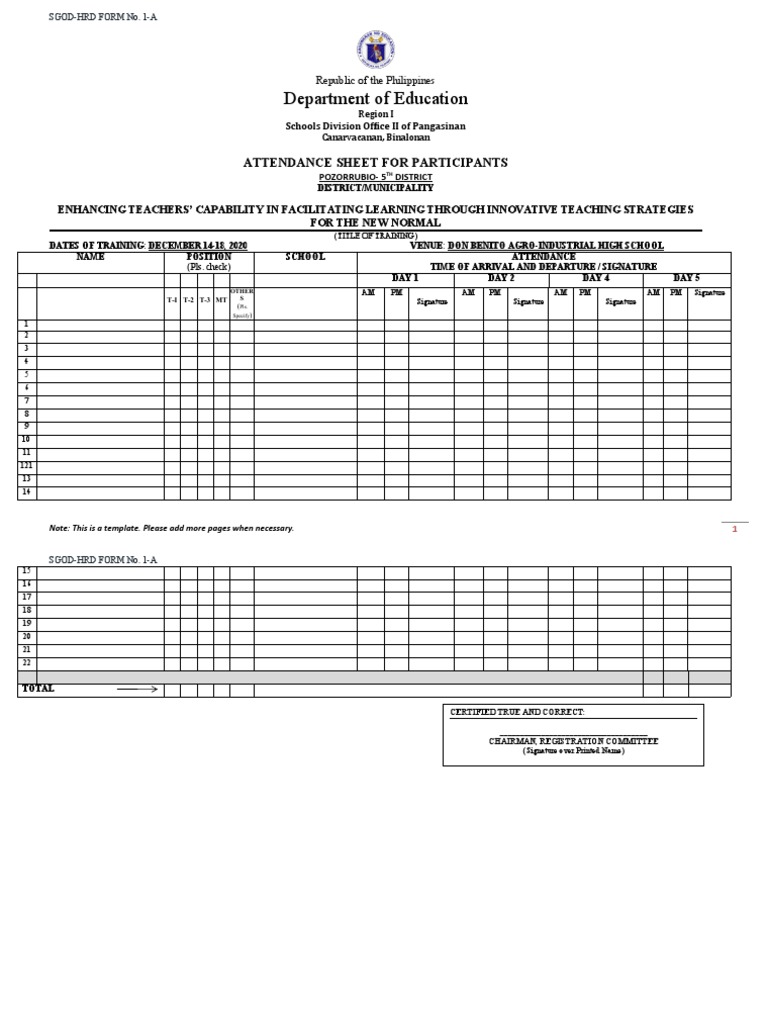 Department of Education: Attendance Sheet For Participants | PDF ...