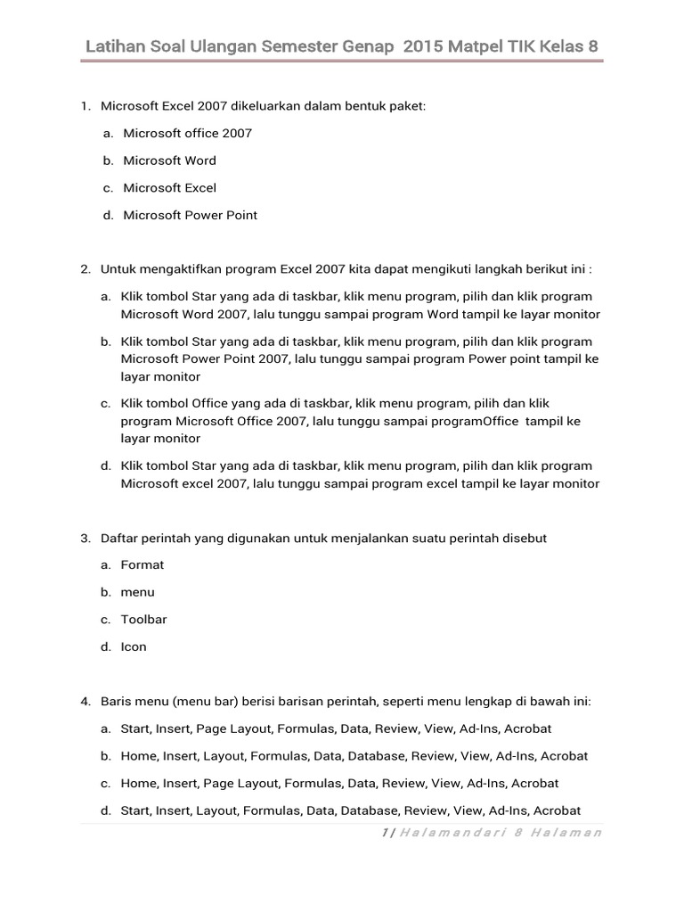 Latihan Soal Ulangan Semester Genap 2015 Matpel TIK Kelas 8 | PDF