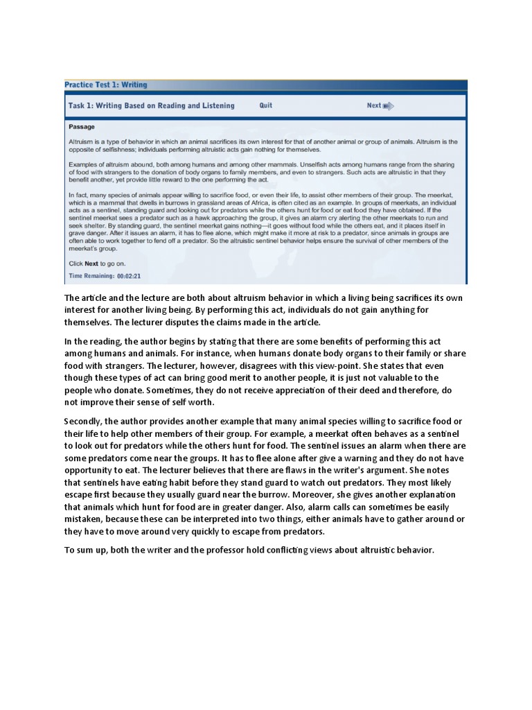 Toefl IBT Writing Practice Sample Answer | PDF | Altruism | Predation