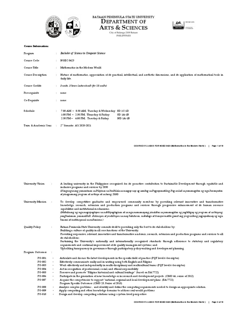 NGEC 0423-Syllabus and Matrix | PDF | Regression Analysis | Teaching Mathematics