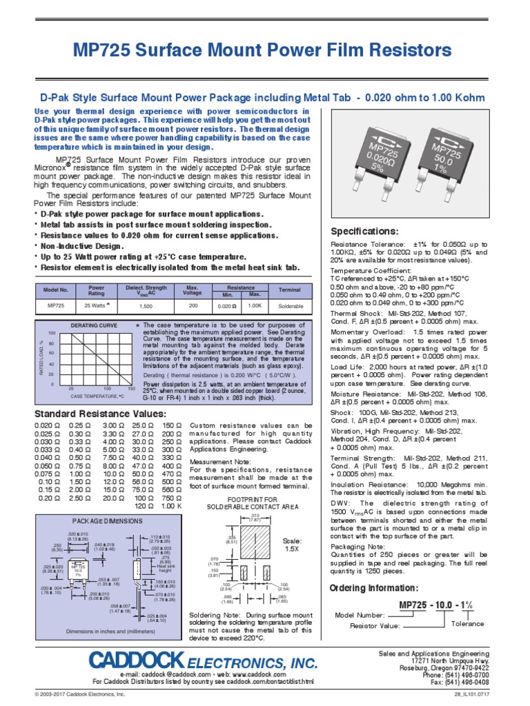MP725 Surface Mount Power Film Resistors | PDF | Resistor | Electrical ...