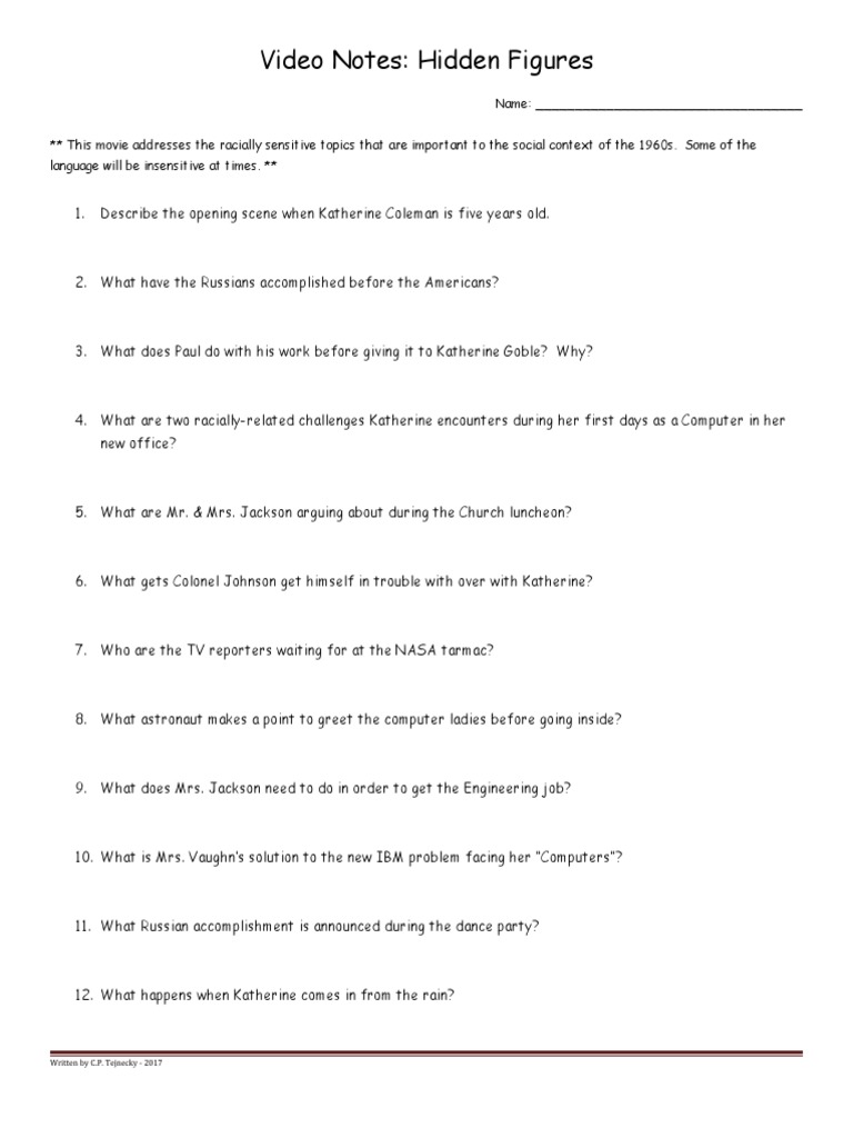 Video Notes: Hidden Figures: Written by C.P. Tejnecky - 2017 | PDF ...