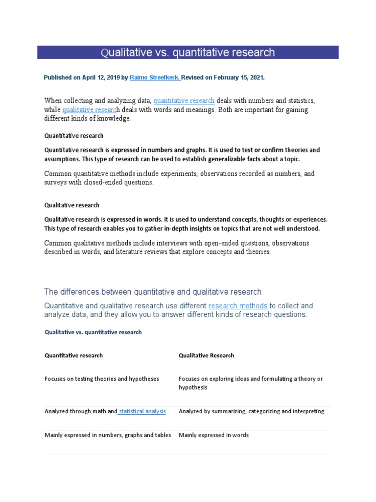 Qualitative Vs Quantitative Research Guide Pdf Statistical