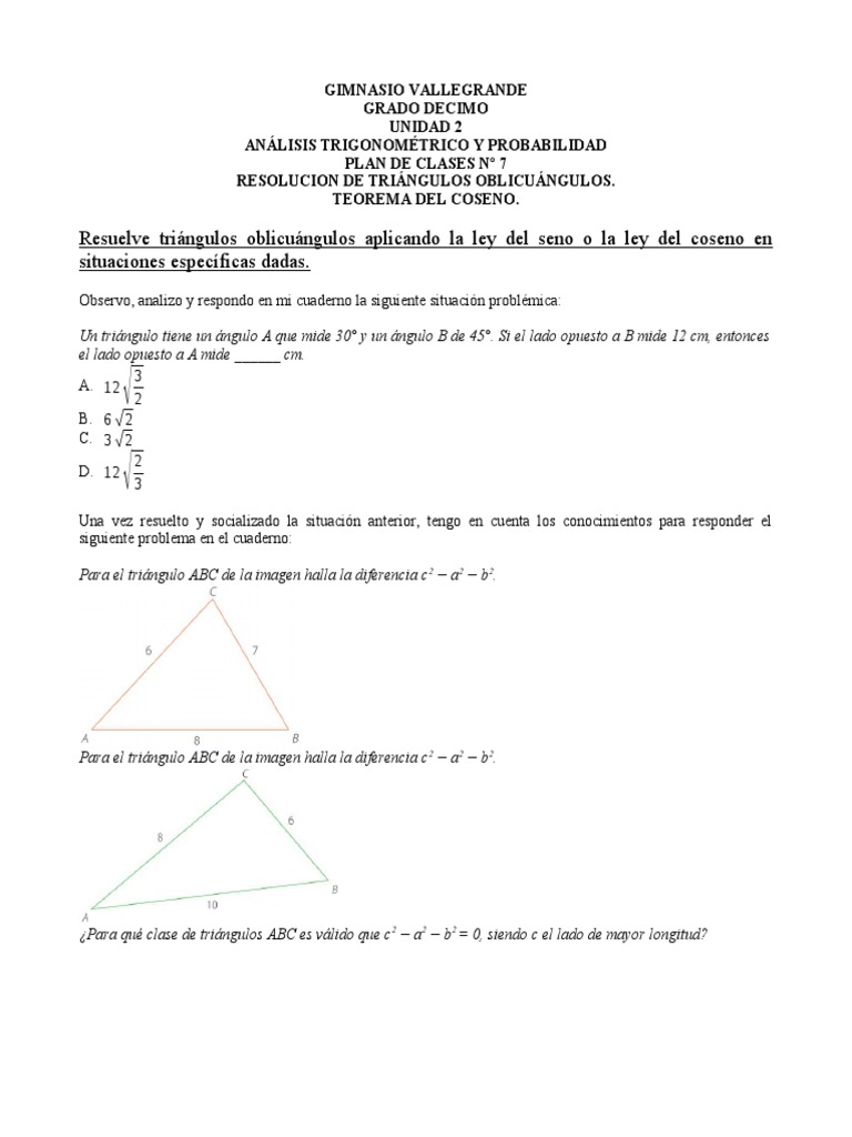 Plan de Clase Nº7 Teorema o Ley Del Coseno | PDF | Triángulo | Funciones trigonométricas