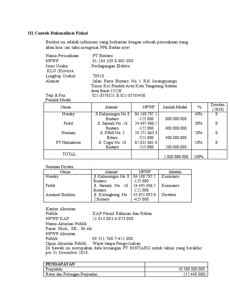 Contoh Rekonsiliasi Fiskal | PDF