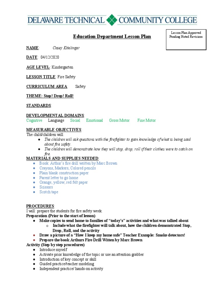 Lesson Plan Fire Safety-Kindergarten | PDF | Fire Safety | Lesson Plan