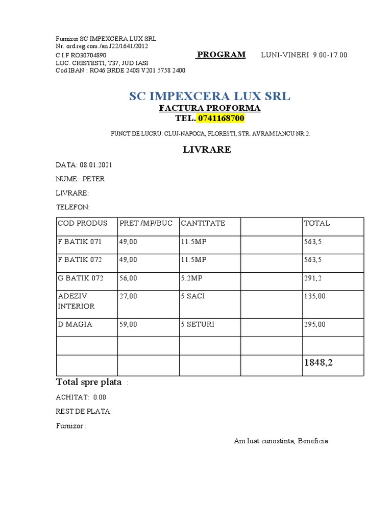 MODEL Factura Proforma IMPEXCERA - Odt - 0 | PDF