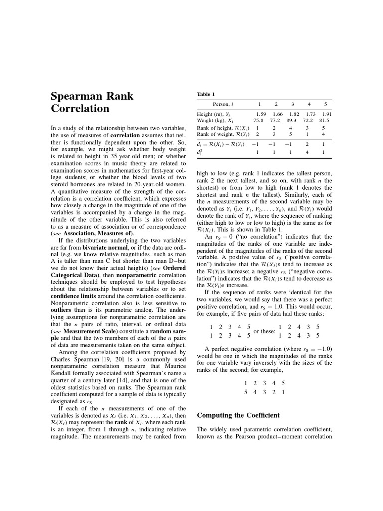 Spearman Rank Correlation:, Y, - . - , Y) R (Y) R (X) | PDF | Spearman ...