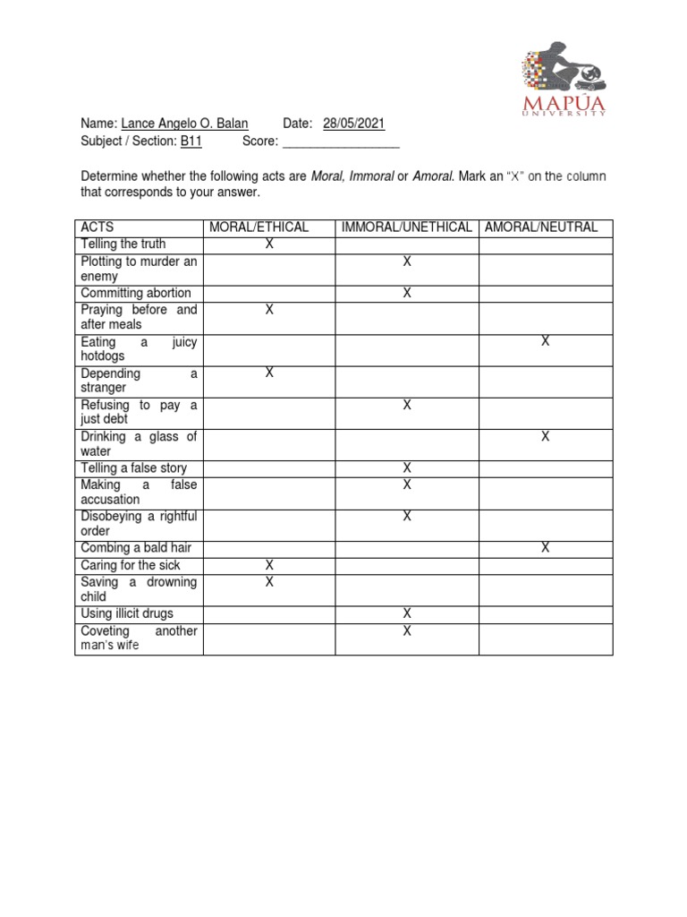 Classification of Human Acts - BALAN - B11 - 4Q | PDF