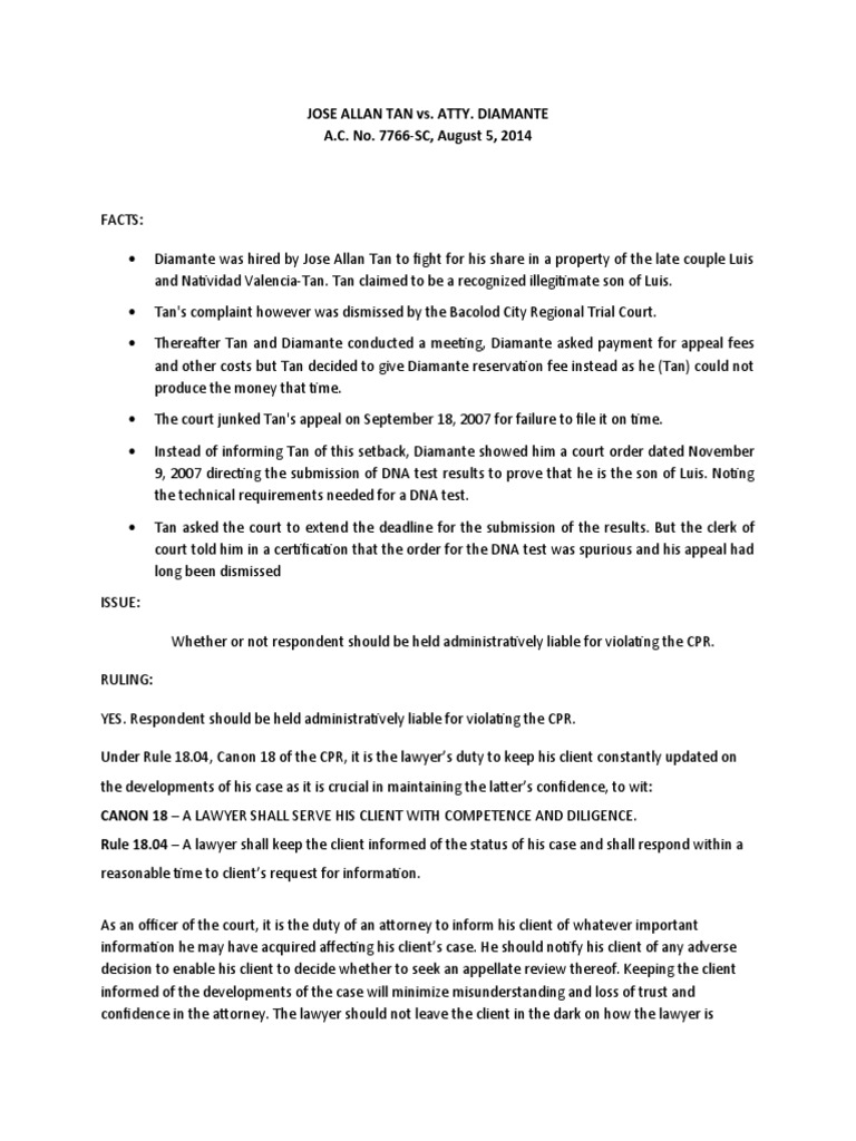 JOSE ALLAN TAN vs. ATTY. DIAMANTE | PDF | Lawyer | Complaint